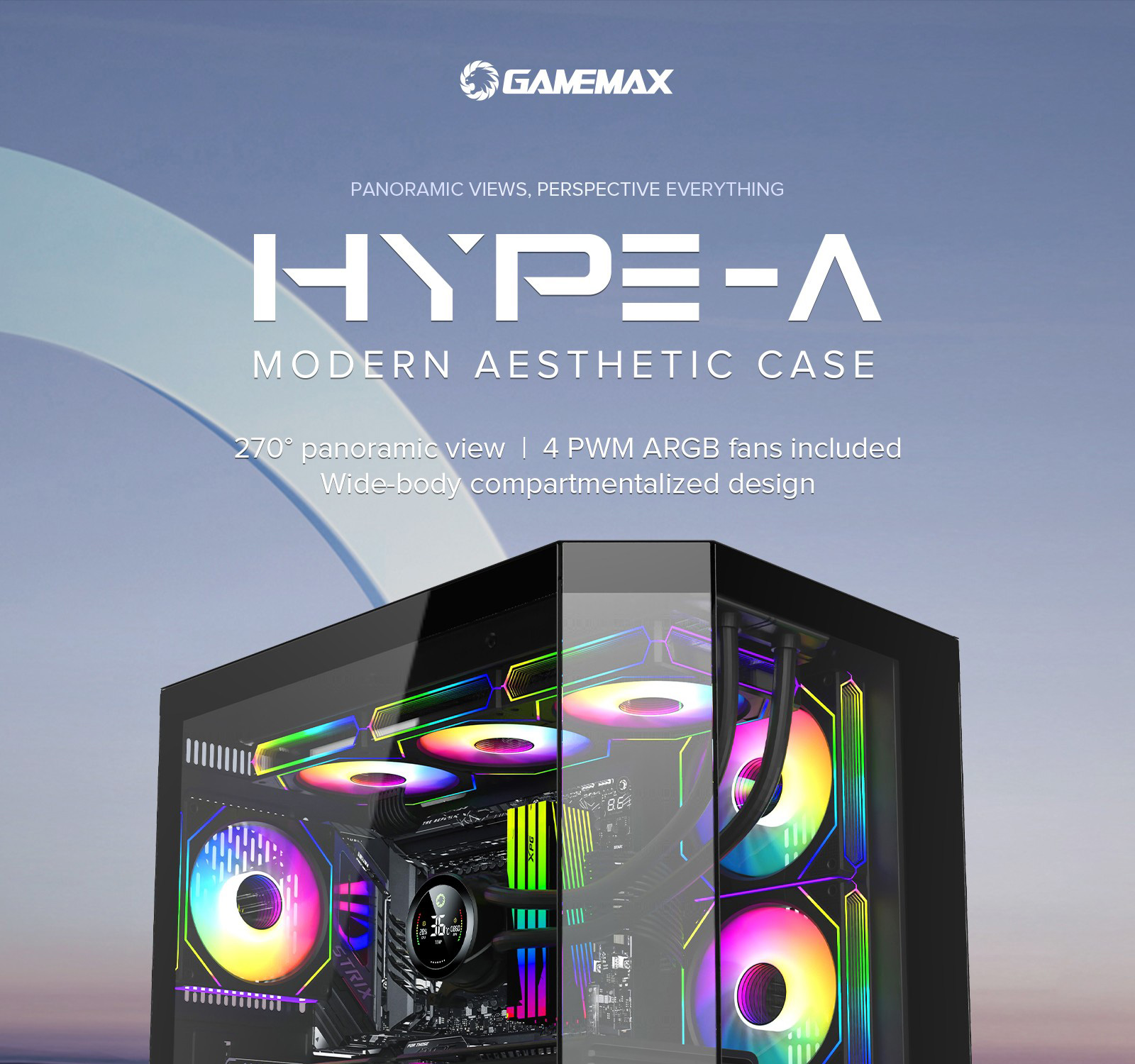 GAMEMAX HYPE-A Black USB3.0 Mid-Tower ATX Tempered Glass Computer Case w/4 x PWM ARGB Fans (3 x ...